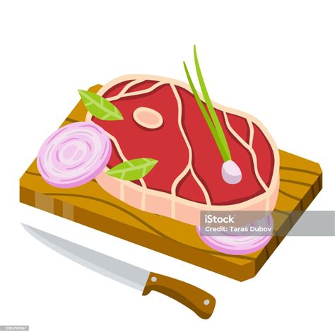 도마에 생 고기 조각 음식을 요리 주방 및 레스토랑 요소 신선한 돼지고기와 칼 플랫 만화 일러스트레이션 갈비와 재료 건강한 식생활에 대한 스톡 벡터 아트 및 기타 이미지