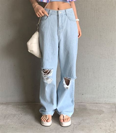 탐탐 데미지 연청 와이드팬츠