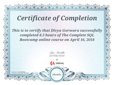 Completion Certificate For The Complete Sql Bootcamp Divya Gorwara