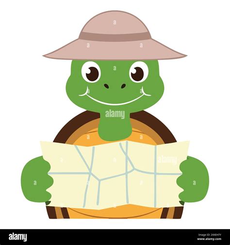 Turtle Explorer With Map A Cartoon Turtle Wearing A Hat And Holding A