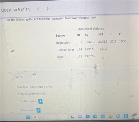 Solved Use The Following Anova Table For Regression To