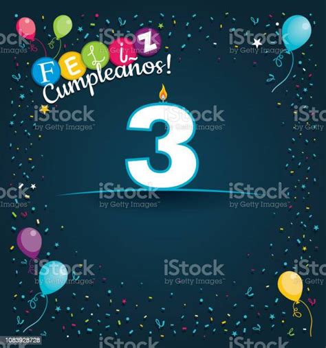 풍선의 배경 및 진한 파란색 배경에 다양 한 색상의 색종이 수의 형태로 백색 초 펠리 즈 Cumpleanos 3행복 한 생일 3 스페인어에서인사말 카드 3에 대한 스톡 벡터