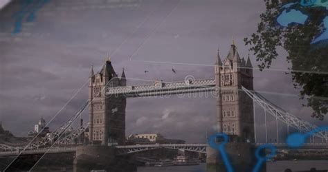 White Guide Lines Tracing Tower Bridge Starting Blue Nodes Drifting Inward And Mapping River