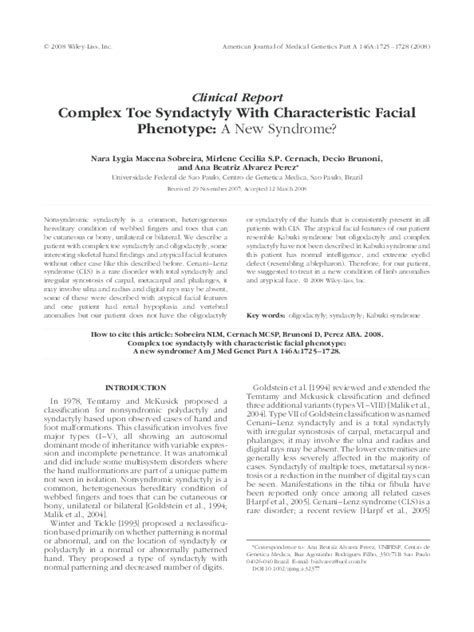 Pdf Complex Toe Syndactyly With Characteristic Facial Phenotype A