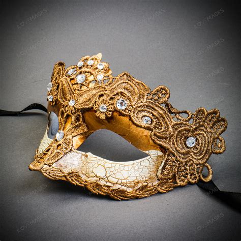 Venetian Masquerade White Crackle Lace Women Eye Mask Gold
