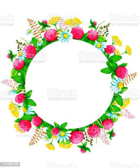 야생화와 야생 허브가 있는 둥근 프레임 카드 초대장 포스터 패브릭 인쇄 패턴 문구류 라벨을위한 디자인 요소 로고에 대한 스톡