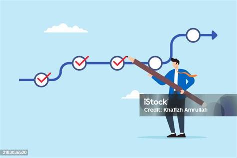 프로젝트 마일스톤 목표 추적 및 작업 완료를 위한 체크리스트를 표시하기 위해 연필을 사용하는 사업가의 평면 그림 개념에 대한 스톡 벡터 아트 및 기타 이미지 Istock