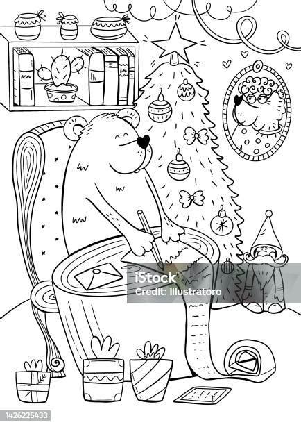 흰색 배경에 만화 스타일의 크리스마스 곰 색칠 공부 페이지 컬러링 북 페이지 일러스트레이션 기법에 대한 스톡 벡터 아트 및 기타 이미지 컬러링 북 페이지 일러스트레이션