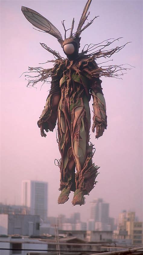 Insectoid Humanoid With Plant Armor Parkour Jump Between Rooftops
