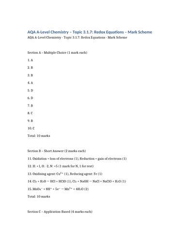 Aqa A Level Chemistry End Of Topic Test 317 Oxidation Reduction