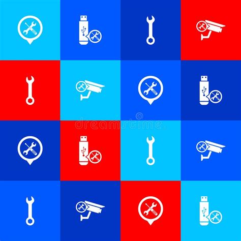 Set Location Service Usb Flash Drive Wrench And Security Camera Icon Vector Stock Vector