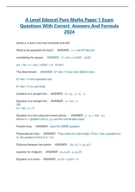 A Level Edexcel Pure Maths Paper 1 Exam Questions With Correct Answers