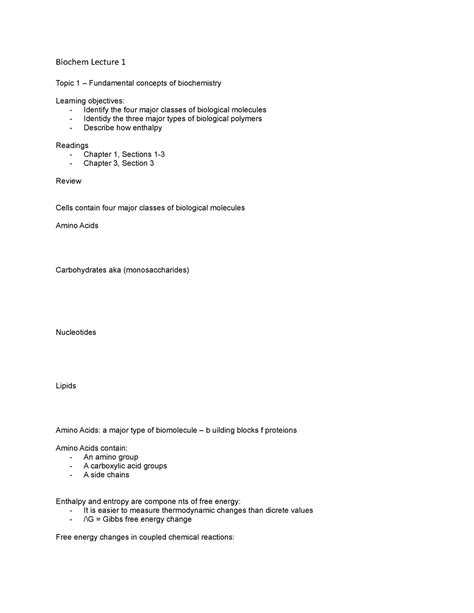 Biochem Lecture 1 Notes Biochem Lecture 1 Topic 1 Fundamental Concepts Of Biochemistry