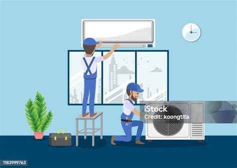 기술자가 파란색 벽에 분할 에어컨을 수리합니다 건설 건설 산업 새로운 가정 건설 인테리어 만화 캐릭터 벡터 일러스트 에어컨에 대한 스톡 벡터 아트 및 기타 이미지 Istock
