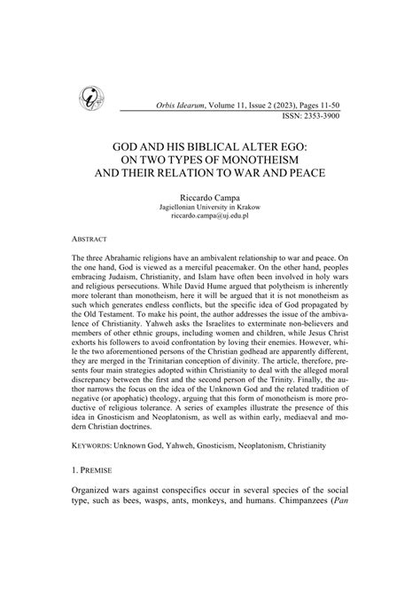 Pdf God And His Biblical Alter Ego On Two Types Of Monotheism And Their Relation To War And Peace