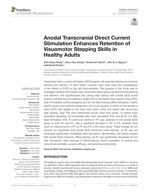 Pdf Anodal Transcranial Direct Current Stimulation Enhances Retention Of Visuomotor Stepping