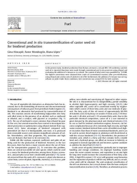 Pdf Conventional And In Situ Transesterification Of Castor Seed Oil For Biodiesel Production