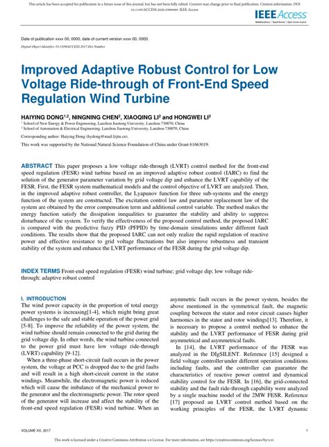 Pdf Improved Adaptive Robust Control For Low Voltage Ride Through Of Front End Speed
