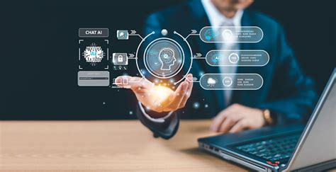 사업가 쇼 가상 그래픽 글로벌 인터넷 웹 연결 명령 프롬프트 개발자 비즈니스 로봇을위한 채팅 Ai Cpu Ai 봇 기술 인공 지능 컴퓨터 기술 전환 개념 가상현실에 대한