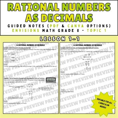 Rational Numbers As Decimals Editable Guided Notes Envisions Aligned