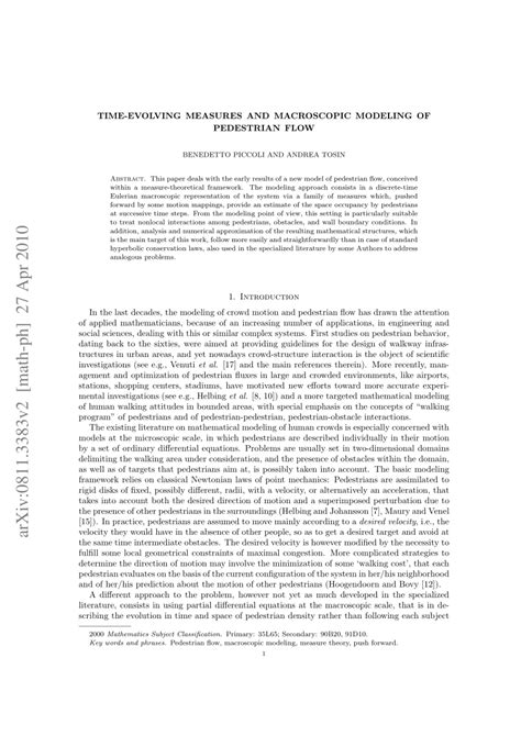 Pdf Time Evolving Measures And Macroscopic Modeling Of Pedestrian Flow