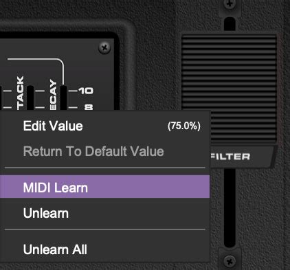 Begin By Right Clicking On The Filter Foot Slider And Selecting MIDI Learn