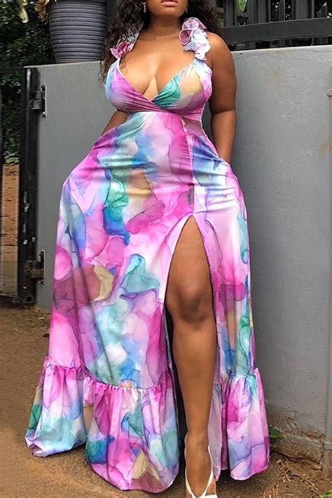 Wholesale Blue Sexy Casual Print Patchwork Slit V Neck Plus Size Long