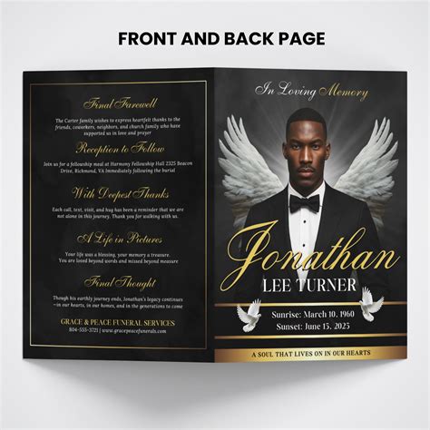 Black And Gold Funeral Program 8 Pages Template Editable In Loving