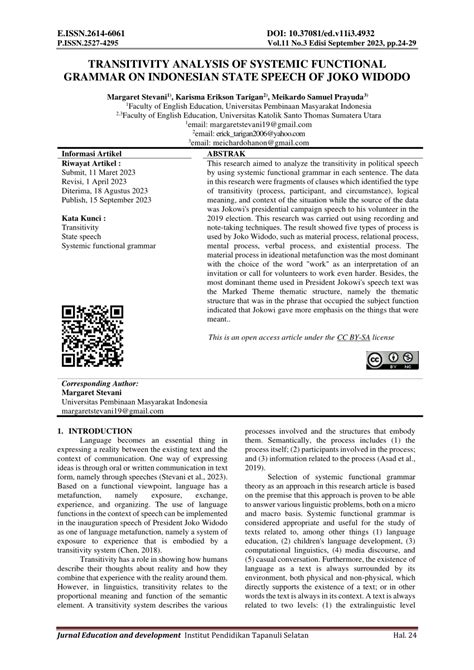 Pdf Transitivity Analysis Of Systemic Functional Grammar On Indonesian State Speech Of Joko Widodo