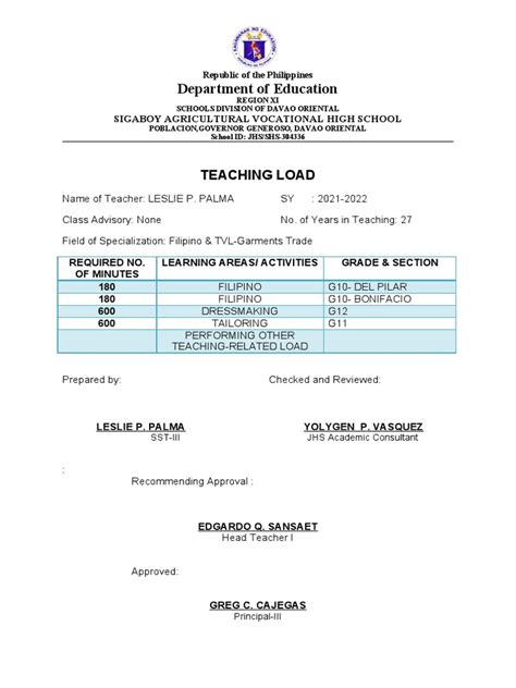 Teaching Load Class Program Pdf Philippines