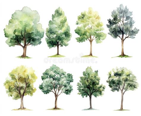 Watercolor Trees Trunk And Canopy Isolated On White Background For Nature And Landscape Designs
