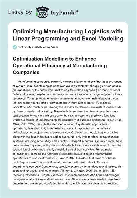 Optimizing Manufacturing Logistics With Linear Programming And Excel Modeling 2624 Words
