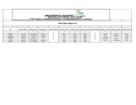 Grade 10 A Timetable Greendale School Pdf