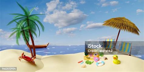 우산 야자수 구명 부표 해변 여행 가방 오리 샌들 보트 푸른 하늘 배경에 고립 된 게 비치 의자 여름 여행 개념 3d 그림 또는 3d 렌더링 해변에 대한 스톡 사진 및 기타
