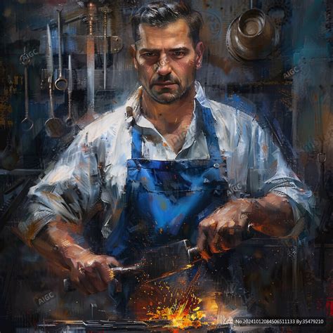 Ai创作图铆工罗西艺术品 厚涂插画 原创厚涂 艺术劳动者 Cgi艺术家 磨刀工人物蜡像 铆工罗西海报 努力工作劳模工匠技师 工匠人精神 电影原画插画 工匠展板 厨房勤杂工 外国工匠 工匠大师