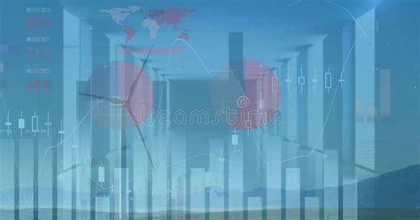 Image Of Financial Data And Graphs Over Landscape With Wind Turbines Copy Space Stock