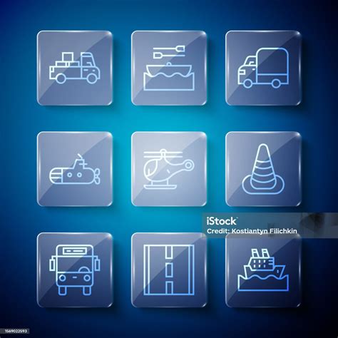 노선 버스 도로 유람선 배달화물 트럭 헬리콥터 잠수함 및 교통 원뿔 아이콘을 설정합니다 벡터 거리에 대한 스톡 벡터 아트 및