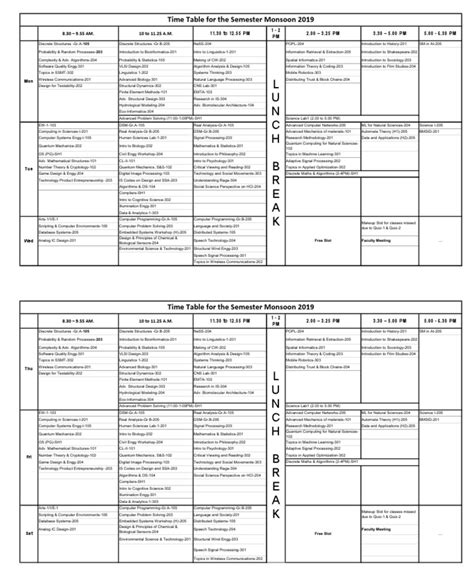 L U N C H B R E A K Time Table For The Semester Monsoon 2019 Pdf Discrete Mathematics