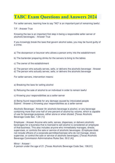 Tabc Exam Questions And Answers 2024 Exams Nursing Docsity