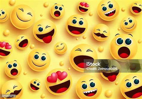노란색 배경에 행복한 미소를 짓고 있는 이모티콘 다양한 표정을 가진 이모티콘 이모티콘 가공의 인물에 대한 스톡 벡터 아트 및 기타 이미지 가공의 인물 감정 개념