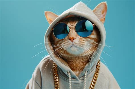 Cat Wears A Hoodie Sunglasses And Gold Chain Stock Image Image Of