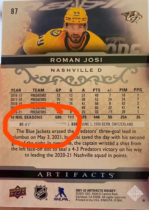 Bizarre Printing Error On The Back Of This Artifacts Jodi Card His Weight And Shooting Hand Are