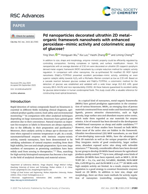 Pdf Pd Nanoparticles Decorated Ultrathin 2d Metal Organic Framework Nanosheets With Enhanced