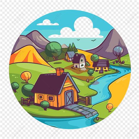 Cartoon Village Area With House And River Vector Clipart Country