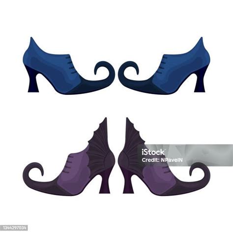 마녀 신발은 파란색 검은 색과 뾰족한 발가락보라색입니다 마녀 신발 할로윈의 상징 흰색 배경에 격리된 벡터 그림 10월에 대한 스톡 벡터 아트 및 기타 이미지 Istock