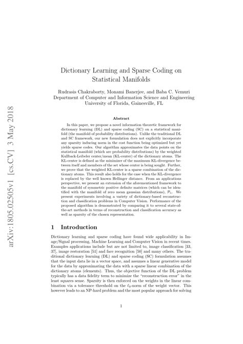 Pdf Dictionary Learning And Sparse Coding On Statistical Manifolds
