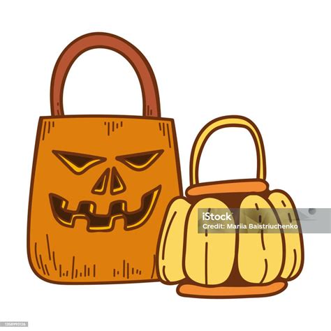 할로윈 과자를위한 호박 가방 램프 잭 과자 용 어린이 바구니 손으로 그린 플랫 벡터 일러스트레이션 그래픽 선형 스케치 격리된 설계 요소 가방에 대한 스톡 벡터 아트 및 기타