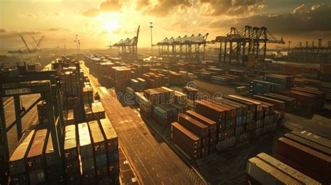 Expansive Container Port At Sunset High Stacks Vast Yard And Silhouettes In Distance Stock