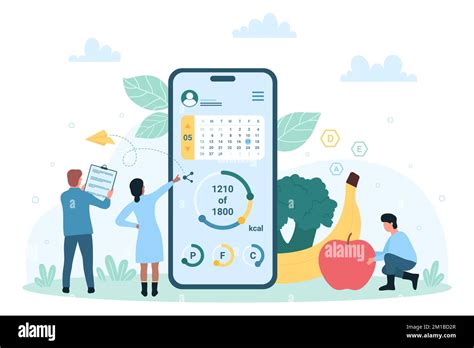 Healthy Eating Mobile App Vector Illustration Cartoon Tiny People