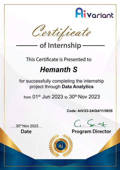 🌟 Delighted To Announce The Completion Of My Data Analytics Internship At Ai Variant Hemanth S